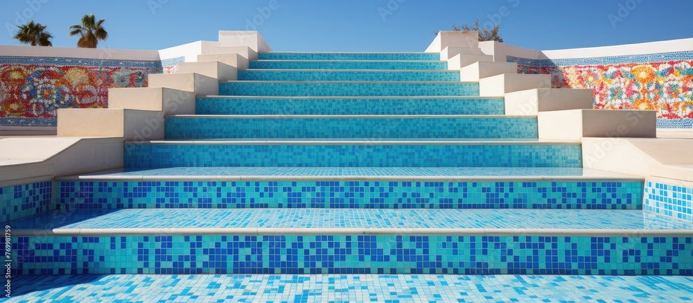 A set of electric blue stairs lined with an aqua font leads up to a ...