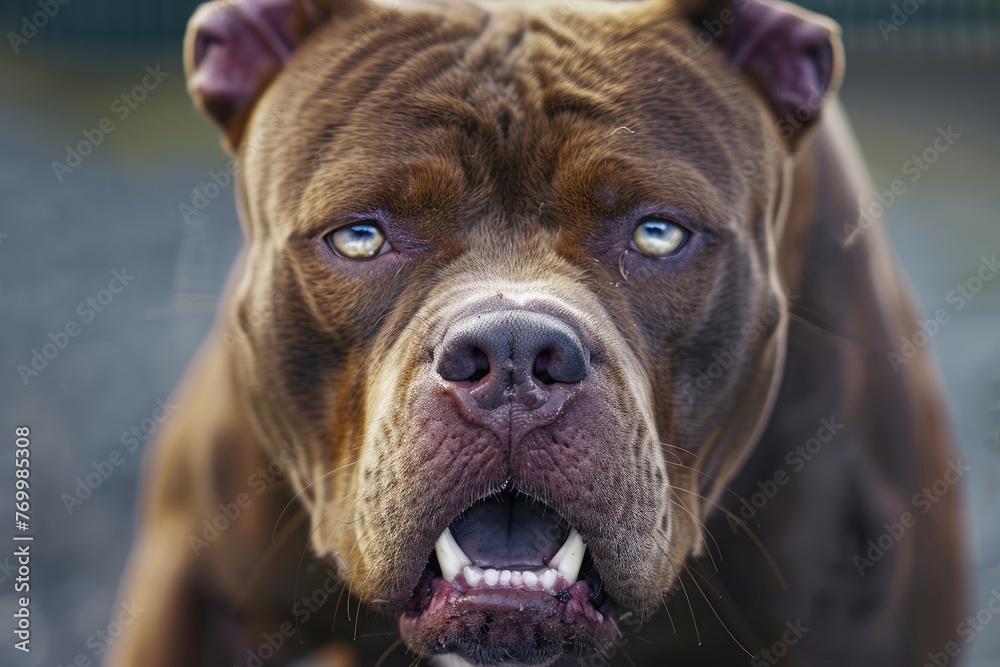 Intense brown dog snarling with aggression - Close-up of an intense ...
