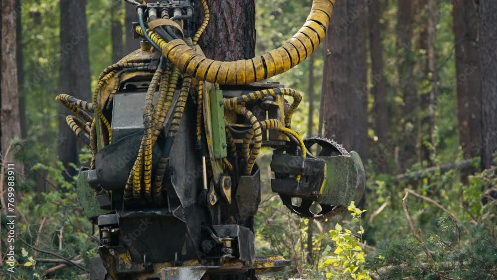 Harvester crane attachment to the big tree trunk. Harvester crane is ...