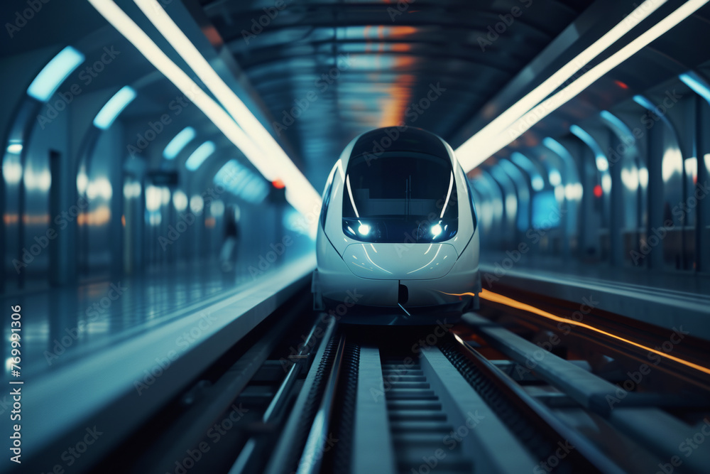 Futuristic high-speed train approaching in a well-lit metro station ...