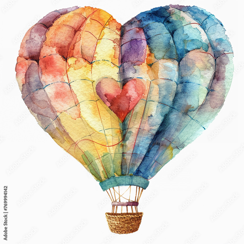 Whimsical watercolor clipart of a hot air balloon shaped like a heart ...