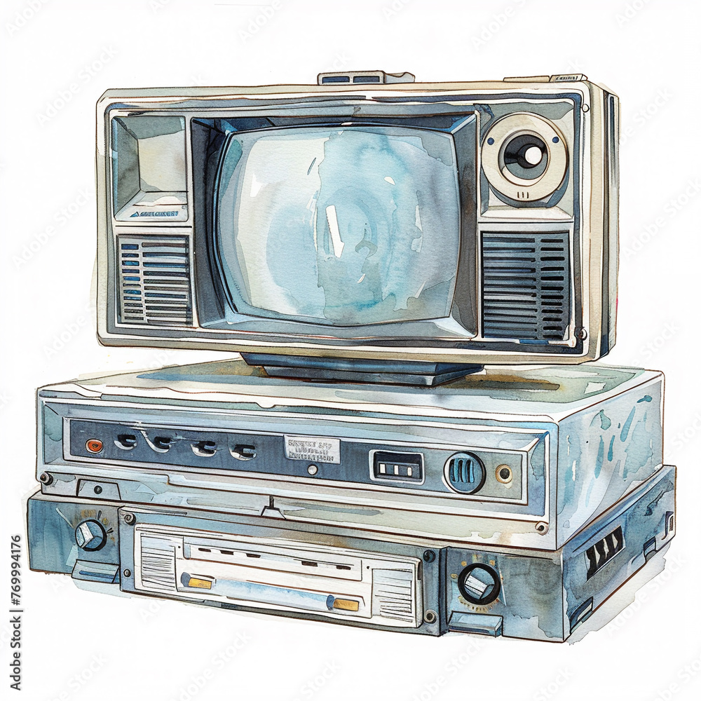 A detailed watercolor illustration of a vintage VCR with a classic ...