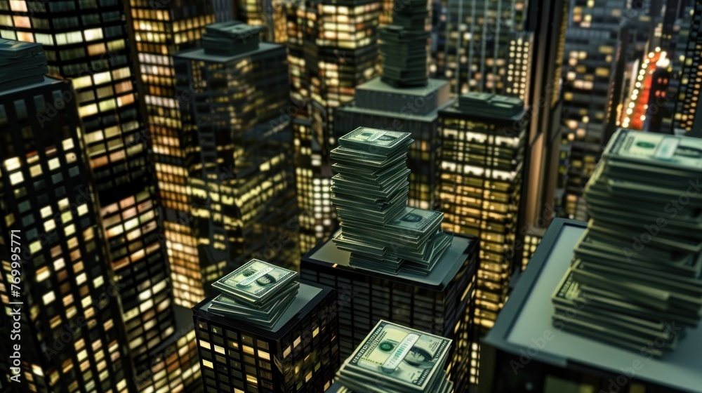 City buildings with many money flying with wind. AI generated image ...