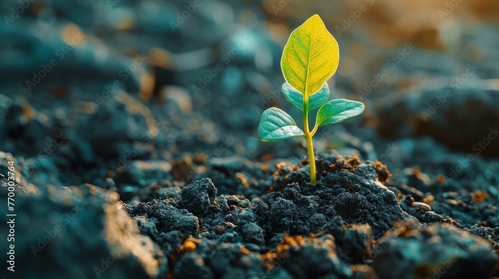 In this concept, a small sprout of a tree sprouts in a ruin, a plant ...