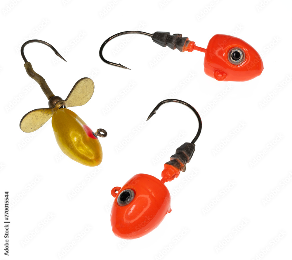 Three brightly colored fishing jig lures on a transparent background ...