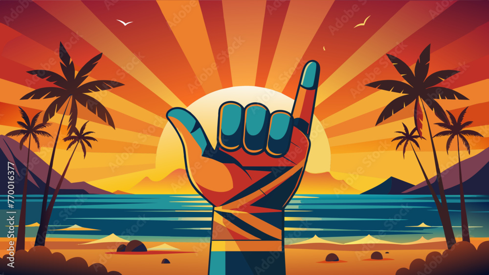 cartoon vector illustration shaka hand sign on a yellow, orange ...