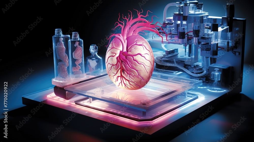 3d printer prints the model of hearton dark background. process of ...