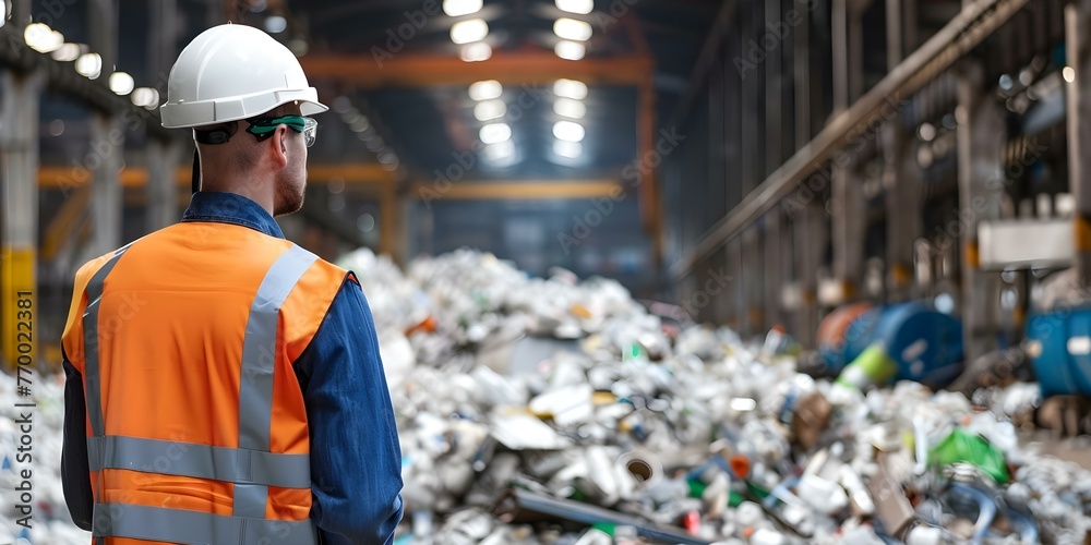 Supervisor in safety gear monitoring waste processing at recycling ... Supervisor in safety gear monitoring waste processing at recycling ...