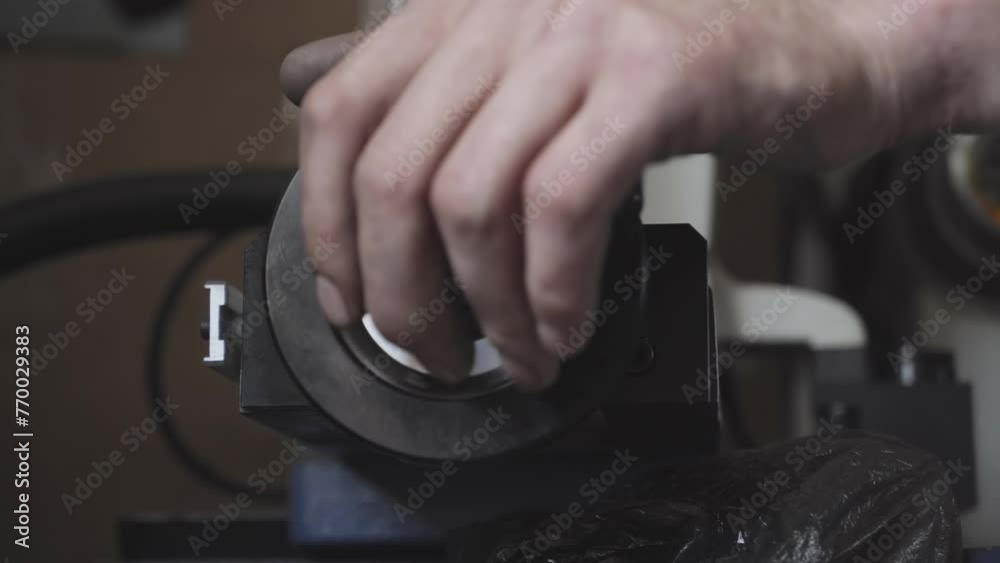 Close Up Of An Industrial Machine Tool Handle Rotation. Heavy Machine ...