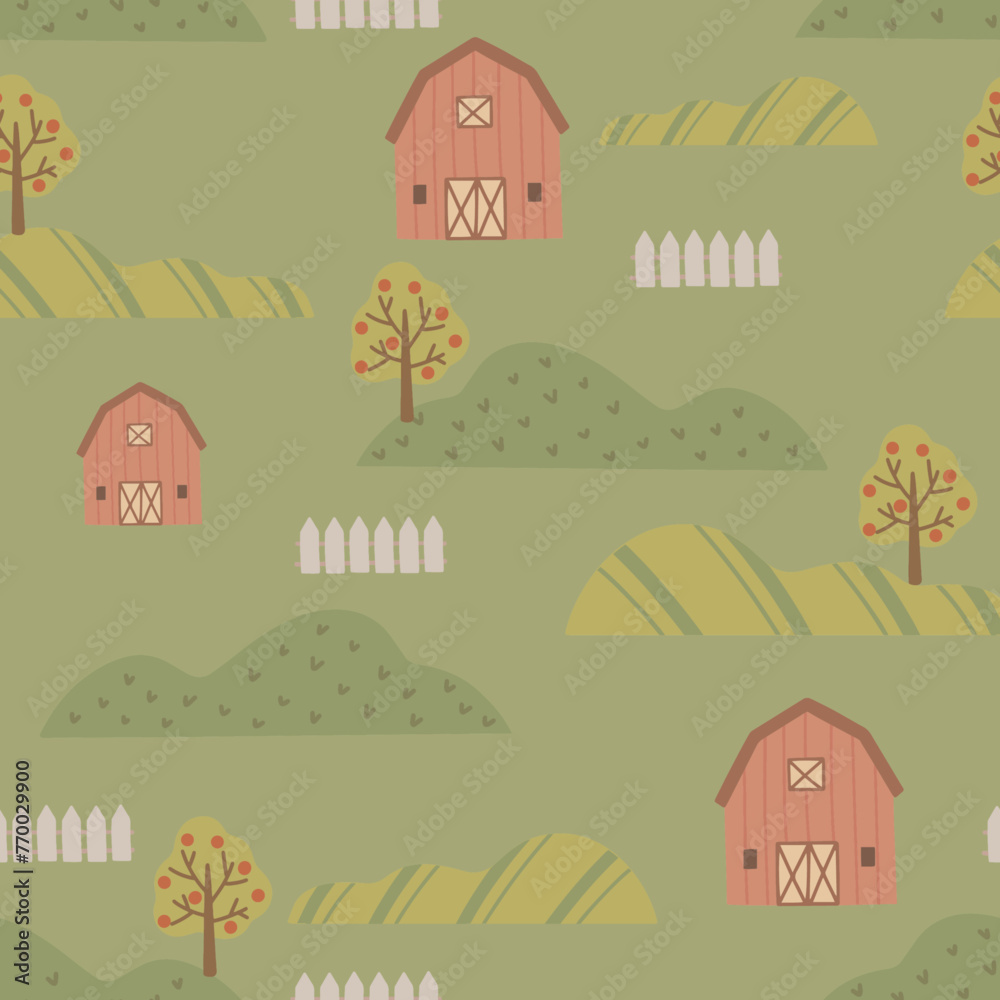 Farm seamless pattern, spring hand drawn cute kids background vintage ...