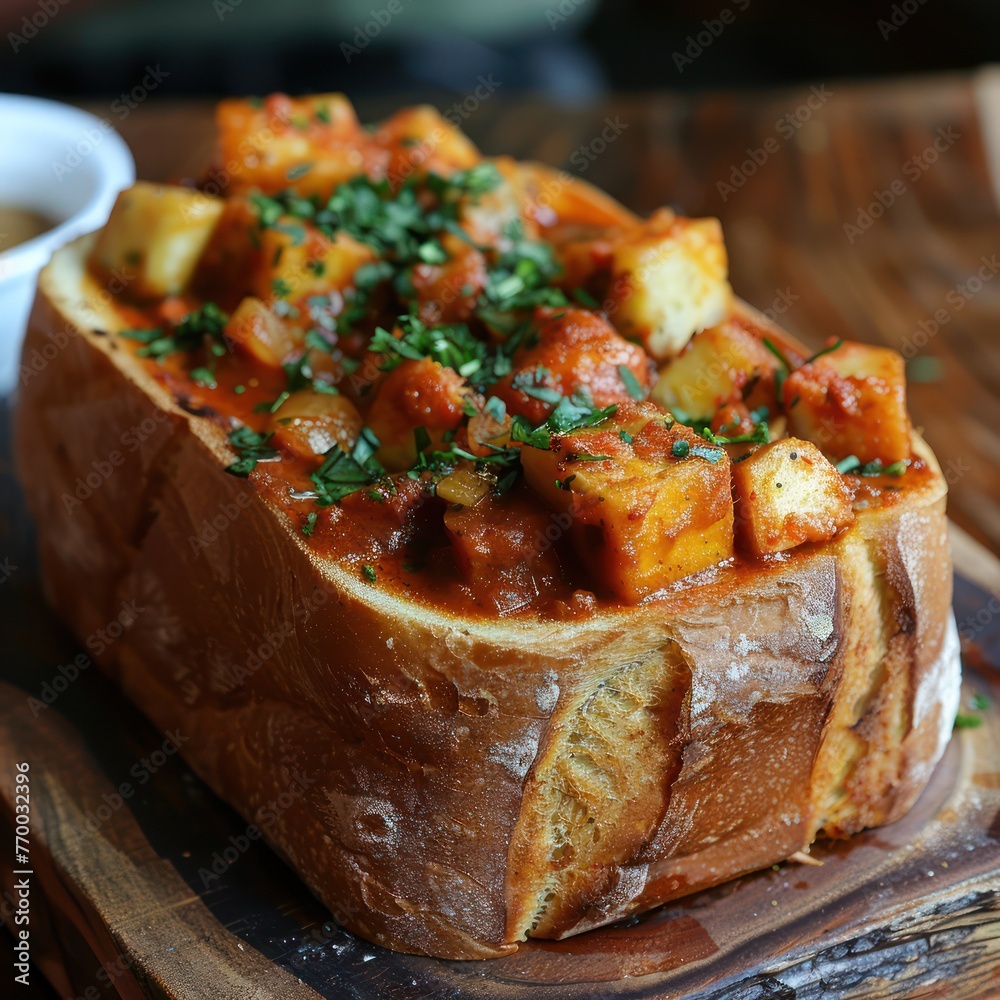 Medium shot of a South African bunny chow, showing the hollowed-out ...