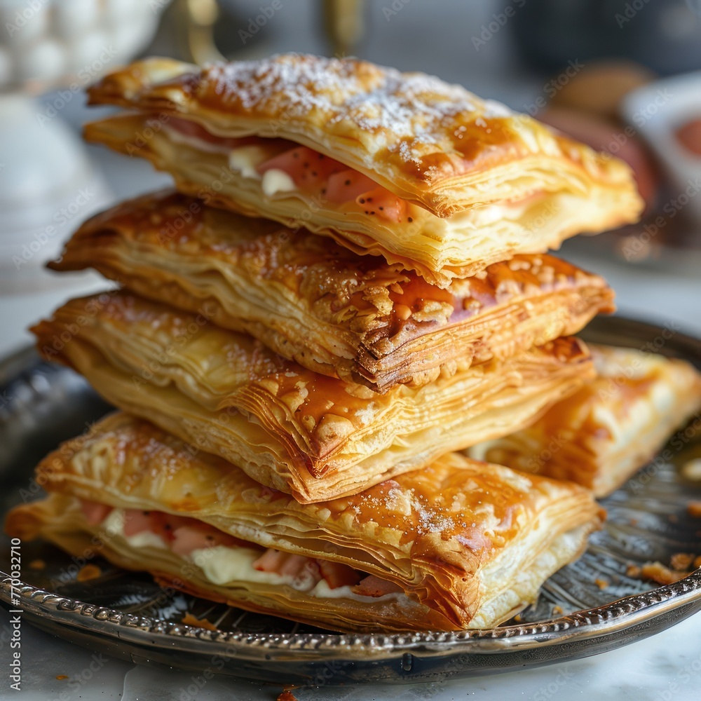 Medium shot of Cuban pastelitos, flaky puff pastry filled with guava ...
