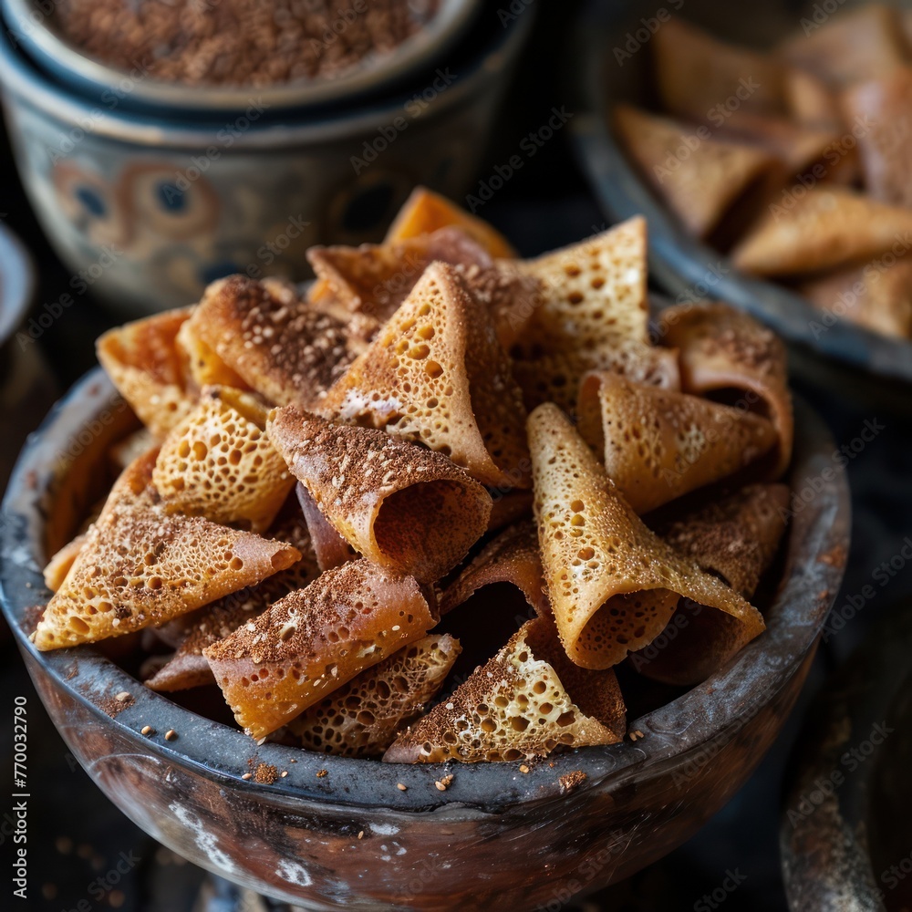 Medium shot of Ethiopian dabo kolo, small pieces of baked bread that ...