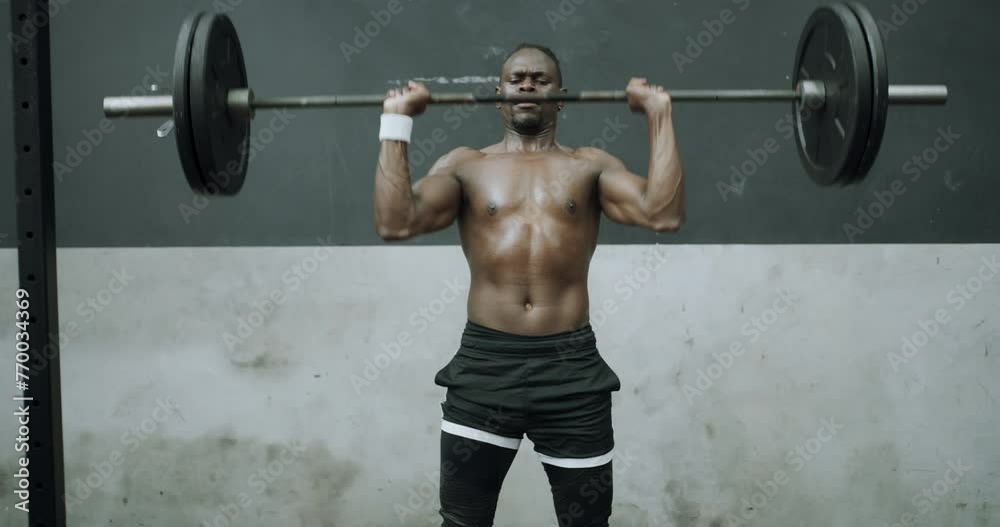 Vidéo Stock Fitness, barbell or African athlete at gym in workout or ...
