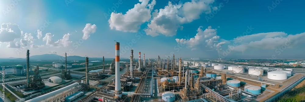 Poster Oil and gas refinery with oil storage tanks and petrochemical ...