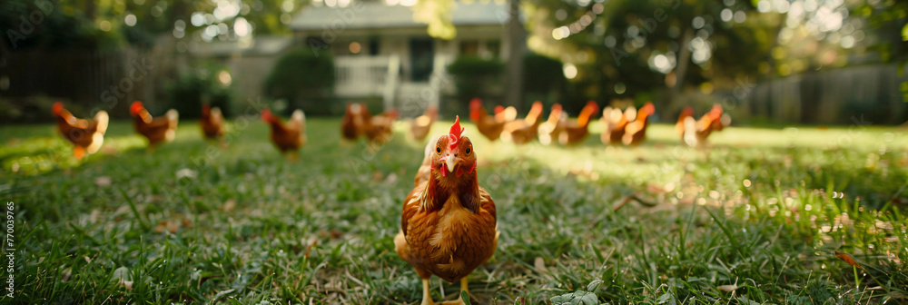 A flock of chickens roam in green paddock. Free range chicken on ...