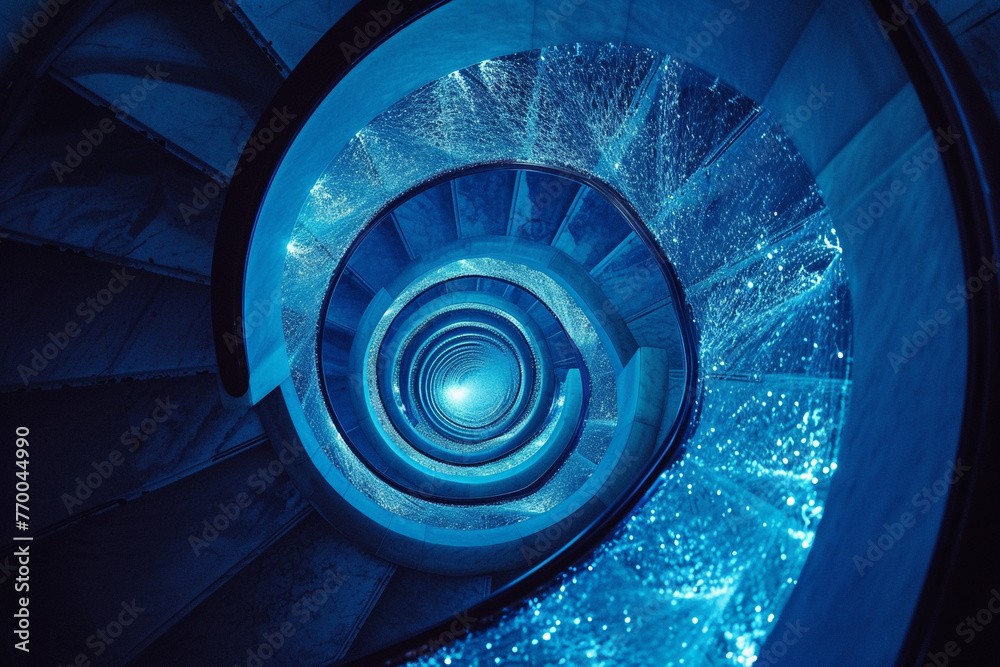 Neon blue spiral stairs with a core of glowing fibers, looking like a ...
