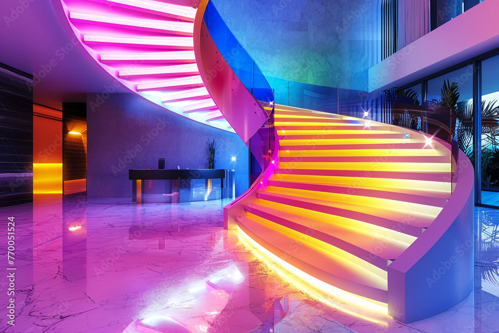 Futuristic foyer with illuminated curved staircase changing colors ...