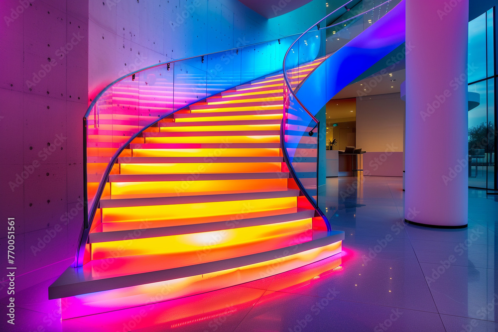 Futuristic foyer with illuminated curved staircase changing colors ...