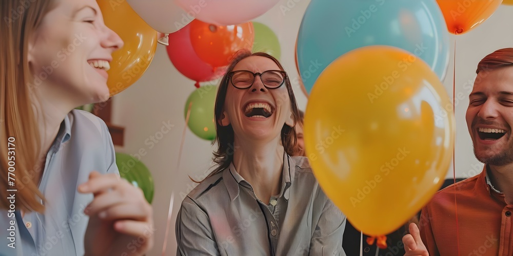 Office colleagues cheerfully congratulate a coworker on their recent ...