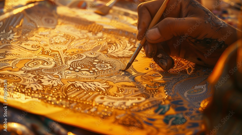 A close-up of a hand painting intricate Bengali folk art, Patachitra ...