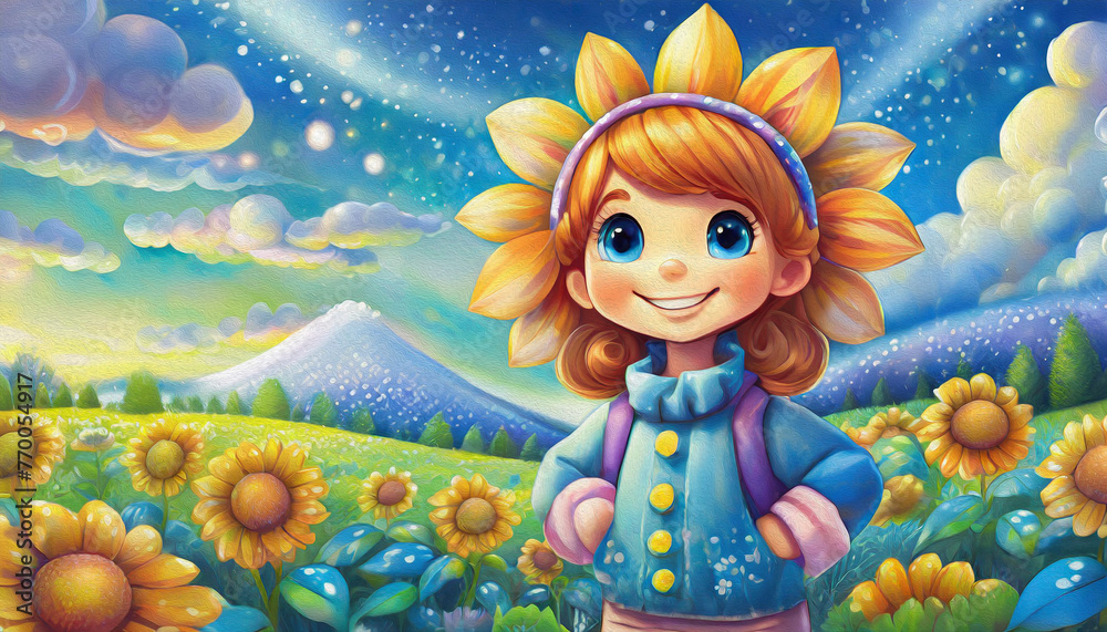 cartoon character Sunflower field over cloudy blue sky background Stock ...