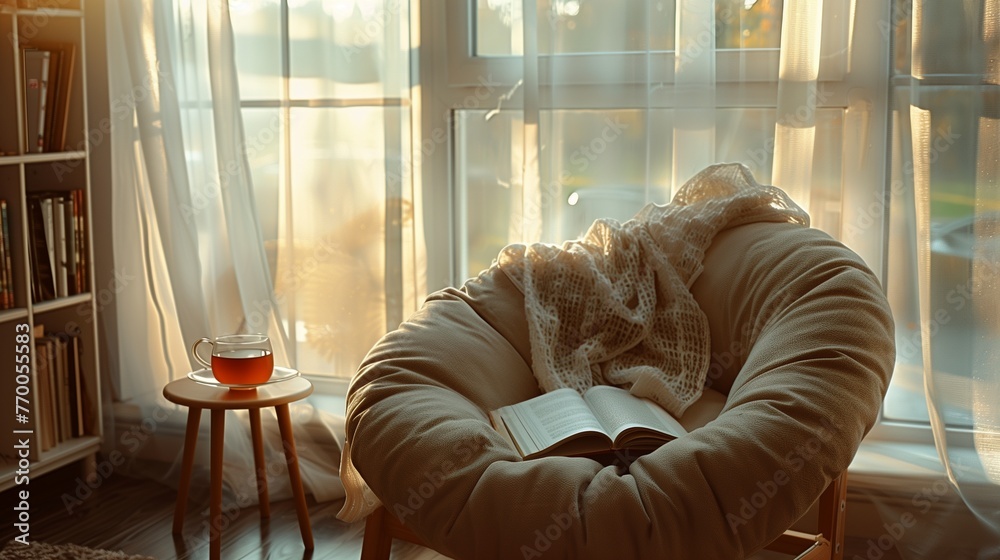 A cozy, inviting reading nook by a large window with sheer curtains ...