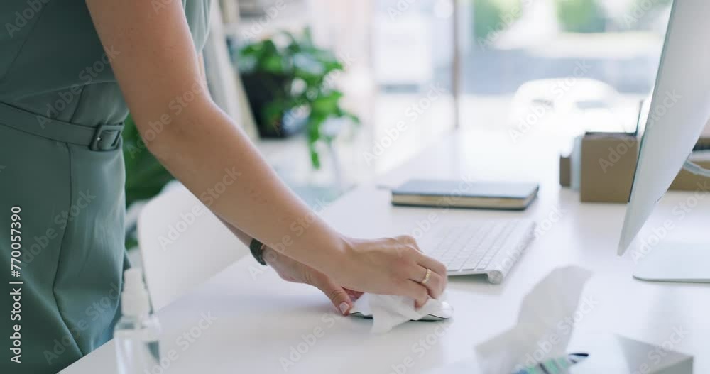 Woman, office and sanitize desk to disinfect, laptop and hygiene for ...