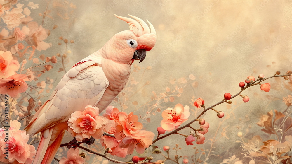 Collage of a fine art of a beautiful bird surrounded by flowers ...