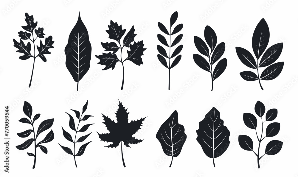 Set of black icons of twigs with leaves. Collection of vector icons of ...