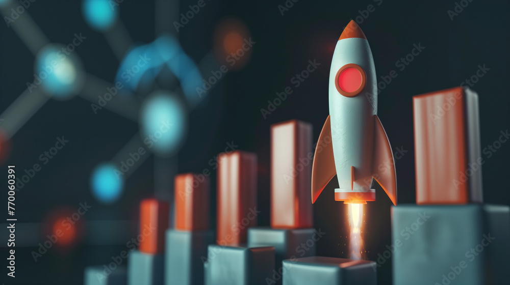 Rocket and chart on blue background business financial start up growth ...