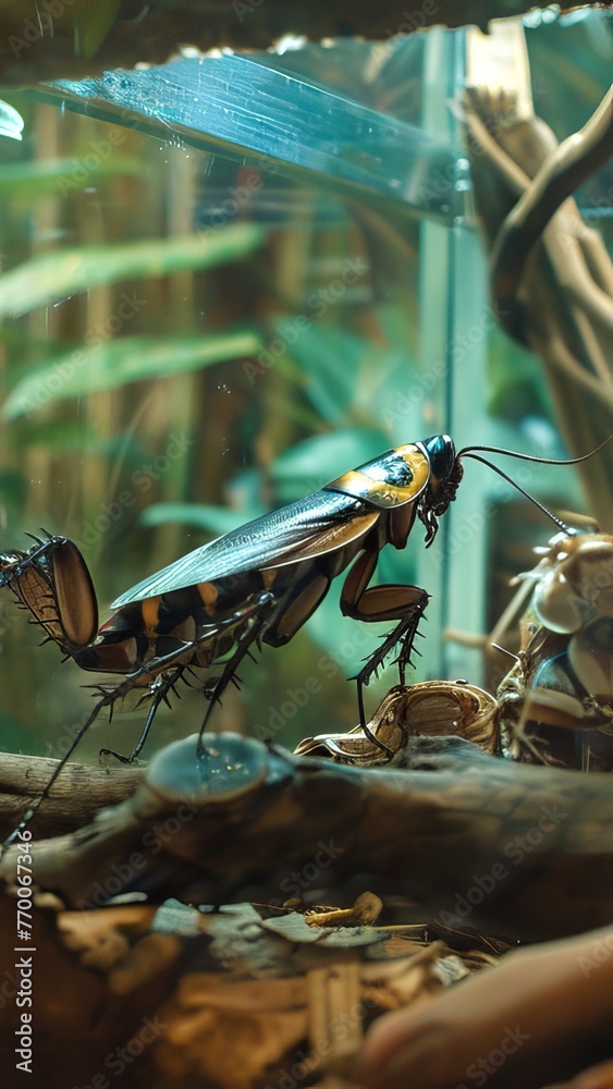 Detailed giant cockroach in a terrarium. A close-up of an exotic insect ...
