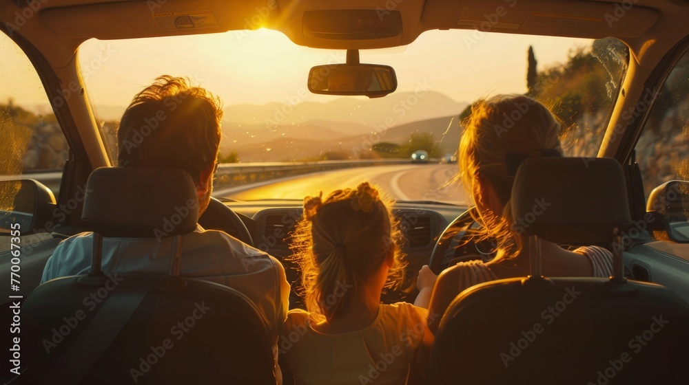 A joyful European family of three drives down the highway during a ...