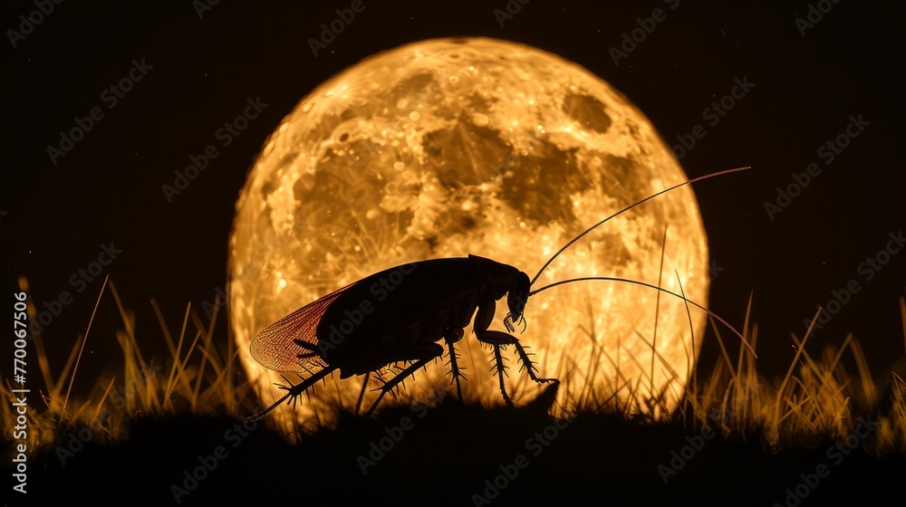 Cockroach. Nocturnal insect casting a shadow with a radiant moon ...