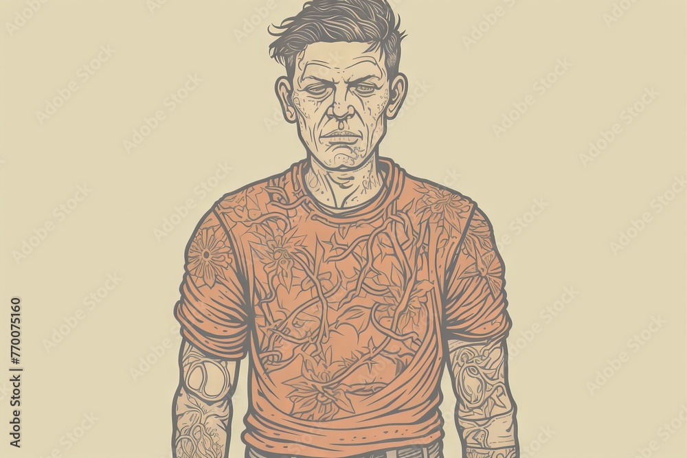 A frustrated young man in white t-shirt scratches itch on his arm since ...