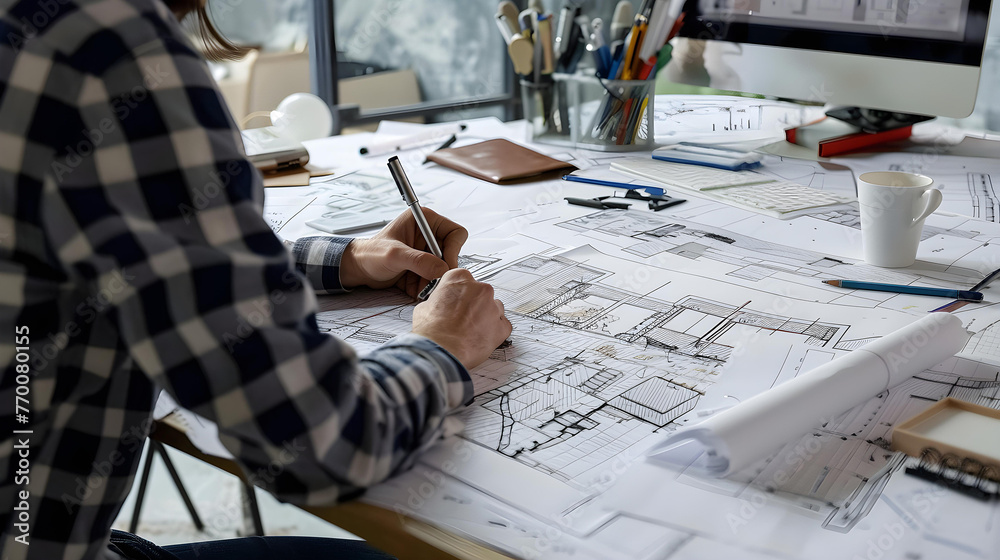 Architect designer drawing plan close-up. Professional engineer working ...