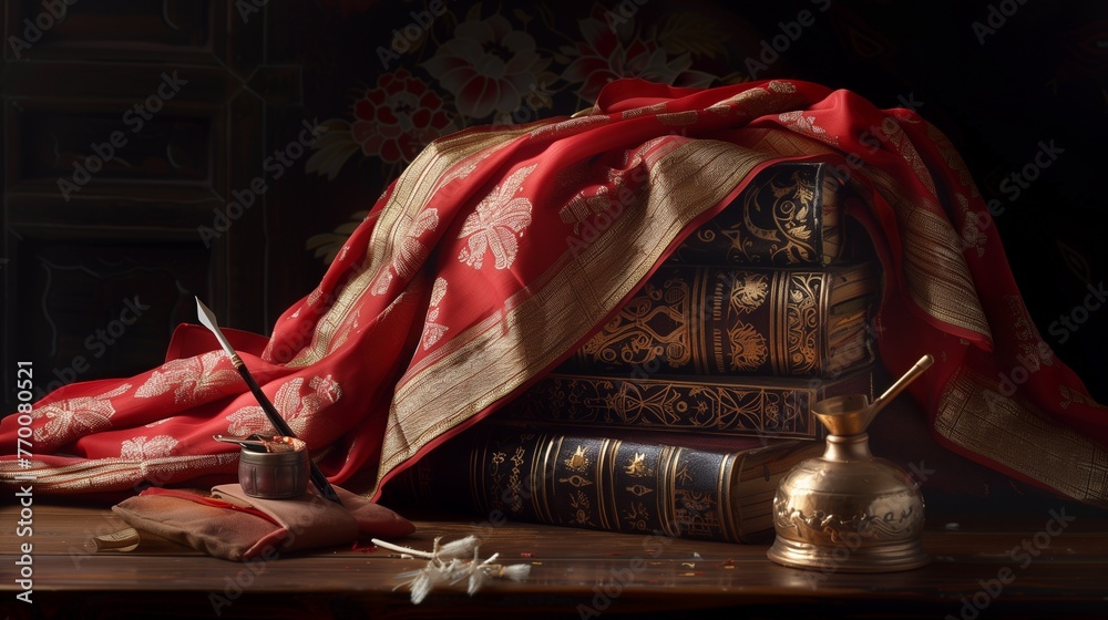 An elegant still life of a Haal Khata, an ornate ledger book wrapped in ...