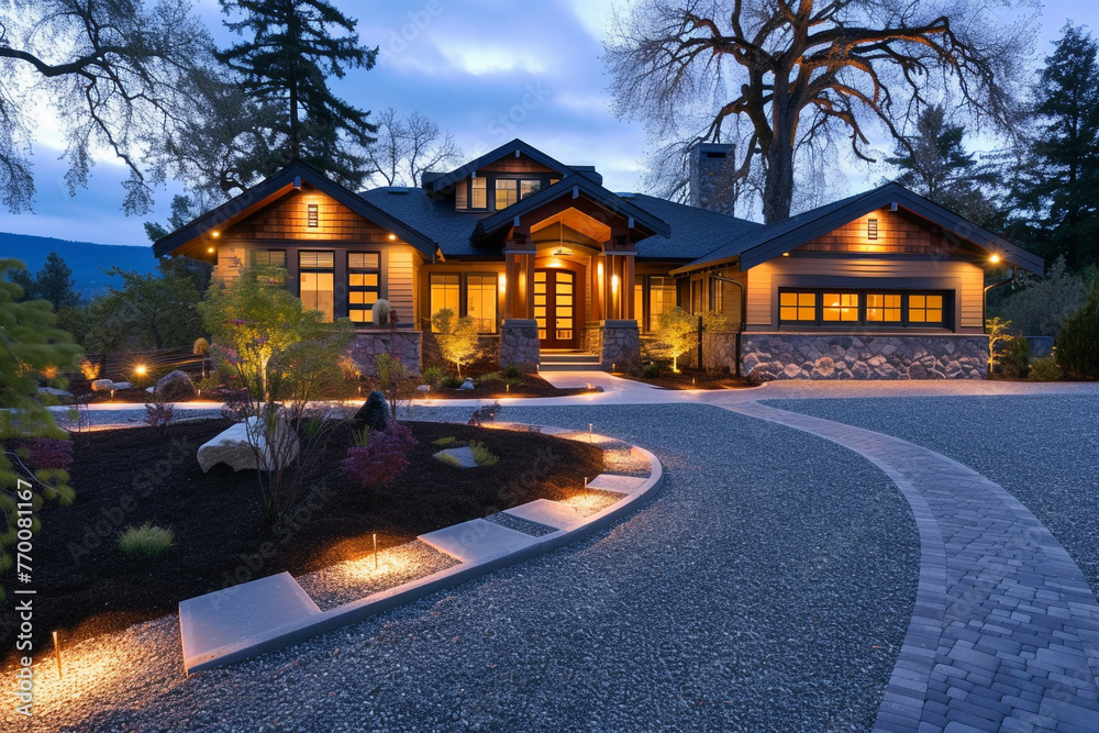Craftsman house in the evening, with a winding gravel driveway and soft ...