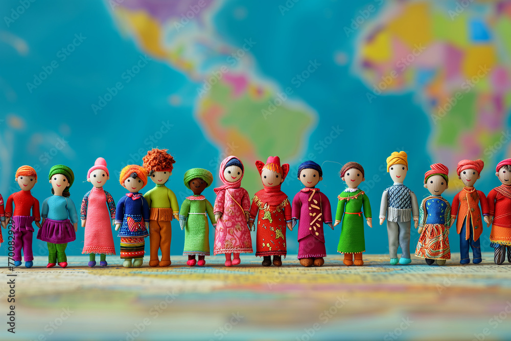 Multi cultural Human figures standing in front of world globe map ...