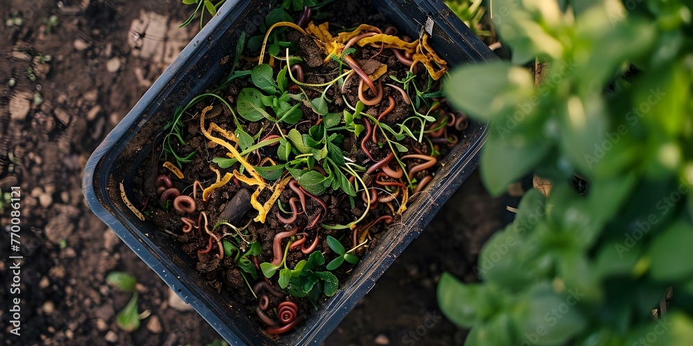 Food scraps and earthworms in an open compost bin in a garden. Concept ...