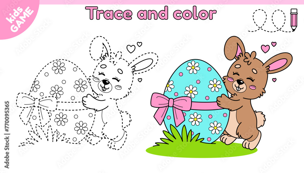 Kids educational Easter game Tracing lines. Cartoon rabbit. Hare hugs ...