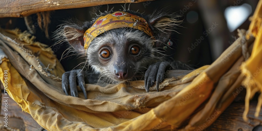 Explore the nocturnal mischief of the Aye Aye donning a pirate bandana ...
