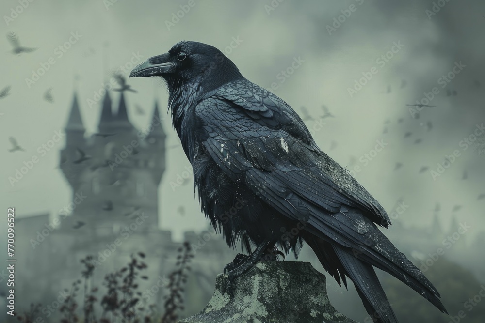Crow with Wizard Cloak on Castle Tower Background, Dark and Mystical ...