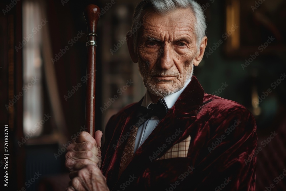 A distinguished older man with grey hair and a stern expression holds a ...