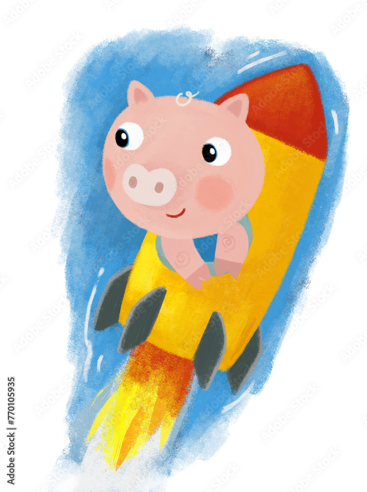cartoon scene with happy young pig hog flying on the rocket to the moon ...