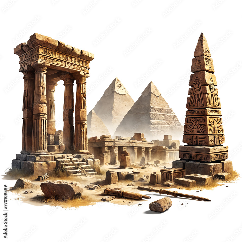 An Egyptian scene with various elements, including a large stone ...