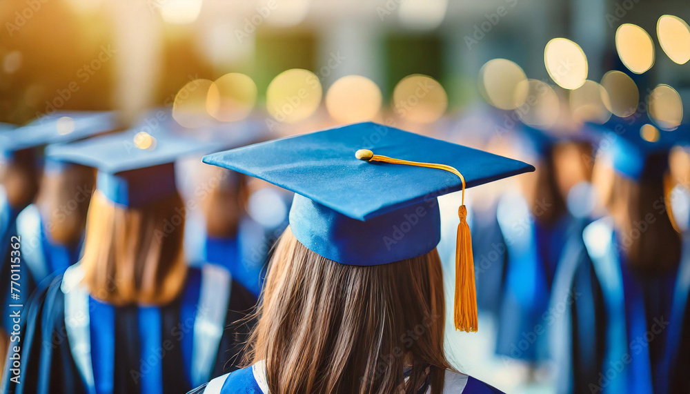 girl in blue and silver graduation cap, blonde and brunette high school ...