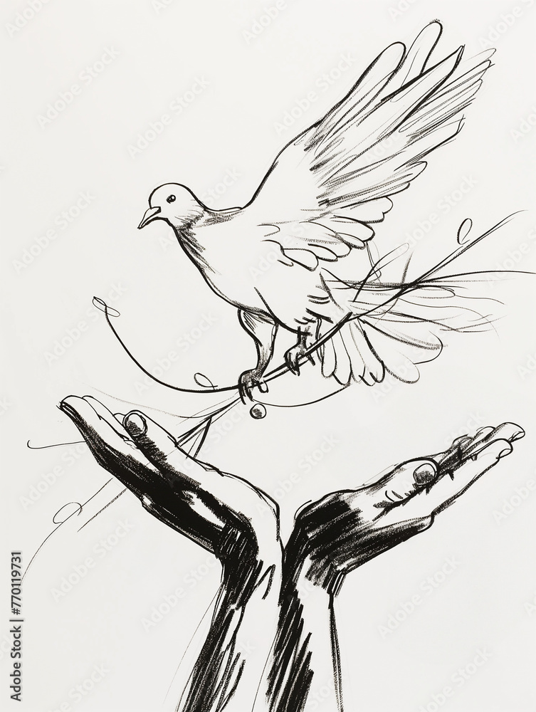 Dove symbol of peace and open hands outstretched, palms up, flying bird ...