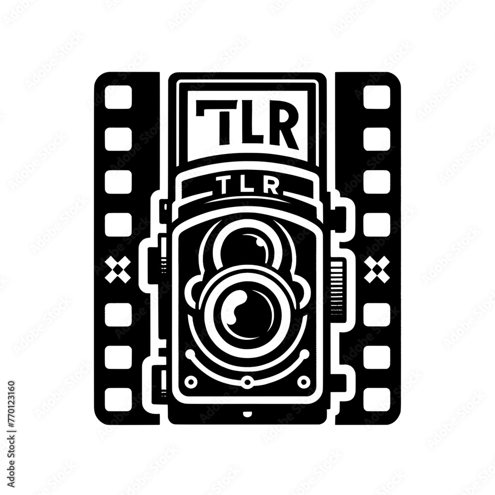 Stylized black and white drawing of a medium format camera within a 6x6 ...