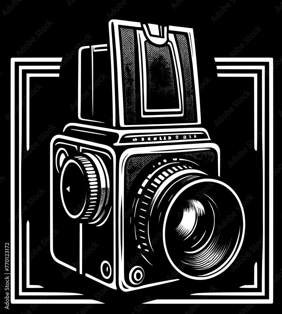 Stylized black and white drawing of a medium format camera within a 6x6 ...